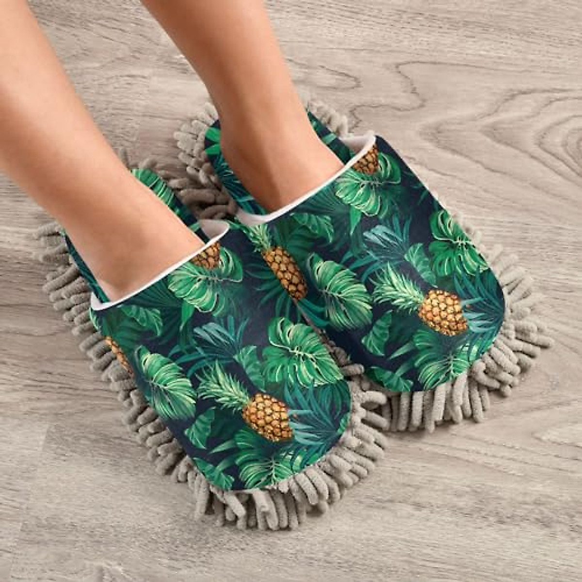 FLildon Microfiber Cleaning Slippers Tropical Leaf Pineapple Washable Mop Shoes Slipper for Men/Women House Floor Dust Cleaner, Size L