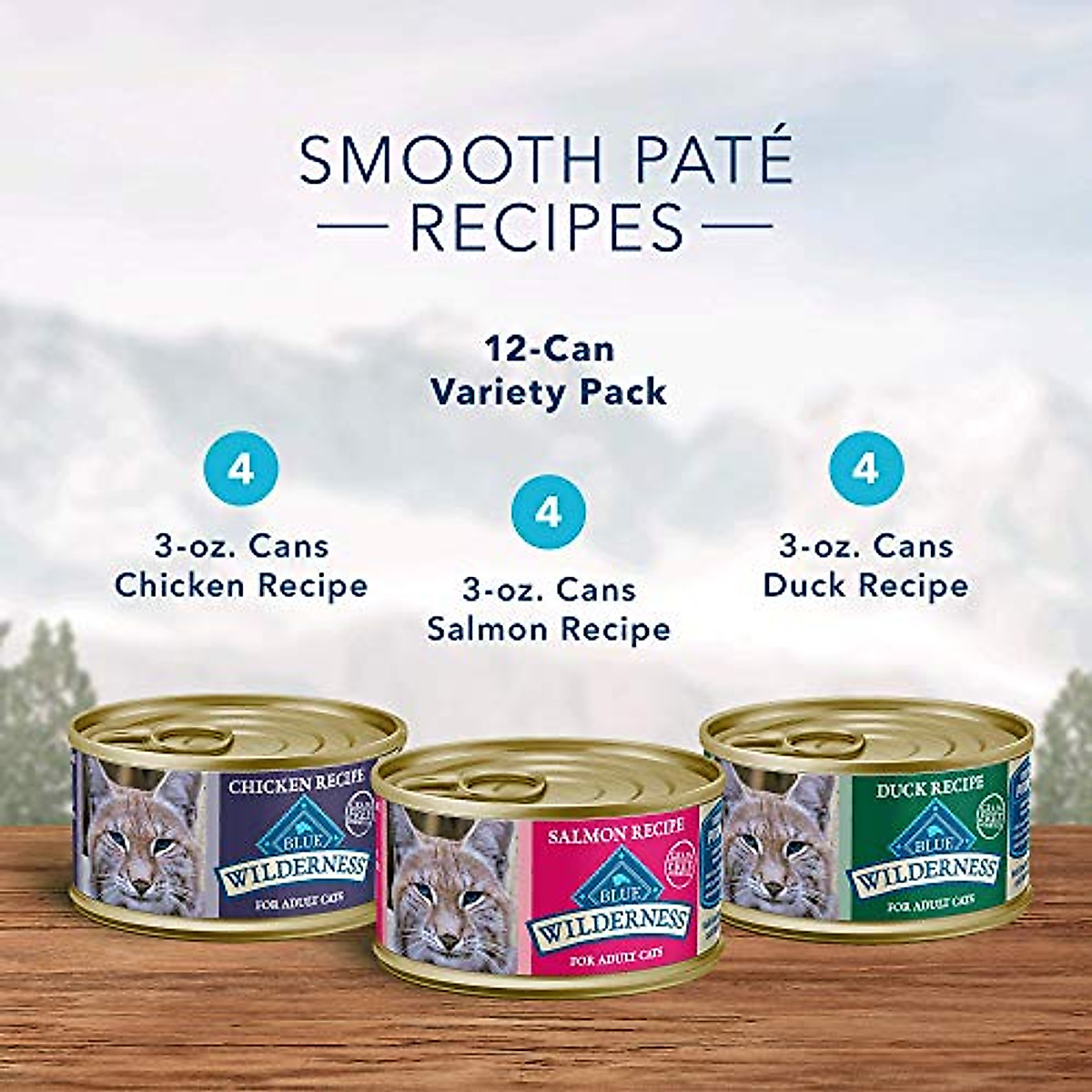 Blue Buffalo Wilderness High Protein, Natural Adult Pate Wet Cat Food Variety Pack, Chicken, Salmon, Duck 3-oz Cans (12 Count- 4 of Each Flavor)