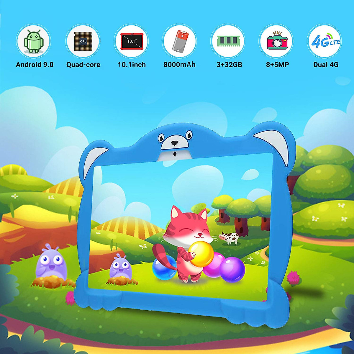 Tablets 10 Inch Android 9.0 Pie Tablet 3GB RAM+32GB ROM/128GB Dual SIM Dual 8MP Camera 8500mAh, 4G/ WiFi, Bluetooth, GPS Unlocked Tablet, IWaWa APP for Kids (Blue)