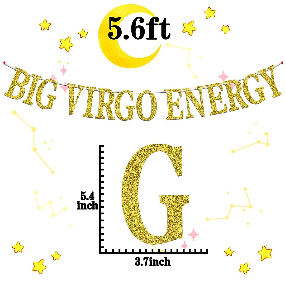 Big Virgo Energy Banner, Virgo Aug/Sept. Birthday Party Decor - 12 Constellation Theme Birthday Party Decorations Supplies, Gold Glitter