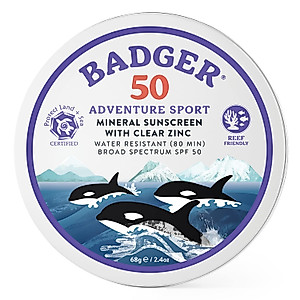 Badger Biodegradable Reef Safe Sunscreen, SPF 50 Mineral Sunscreen, 98% Organic Sunscreen Ingredients, Unscented, Water Resistant Adventure Sport Sun Cream, Travel Size Sunscreen 2.4 oz Tin