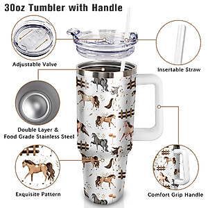 puhnhsv 30 oz Horse Tumbler With Handle and Straw, 30oz Insulated Stainless Horse Tumbler Coffee Travel Mugs Cup Water Bottle Horse Lovers Gifts for Women Girls