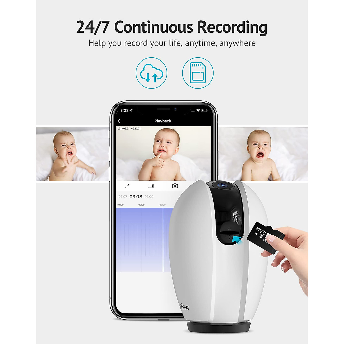 LaView Security Cameras for Home + 2X 32GB SD Cards, PT Baby Monitor System with Motion Detection, Two-Way Audio, Night Vision, Indoor WiFi Camera for Baby/pet, Alexa, USA Cloud Service