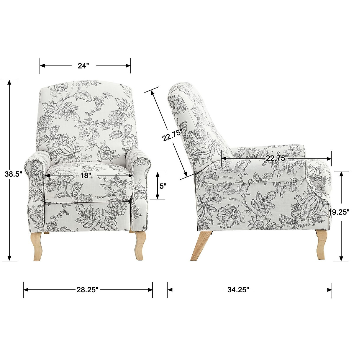 QUINJAY Floral Patterned Recliner Chair for Living Room, Upholstered Single Sofa with Adjustable Back and Footrest, Modern Push Back Lounge Chair Accent Armchair for Small Spaces Reading Napping