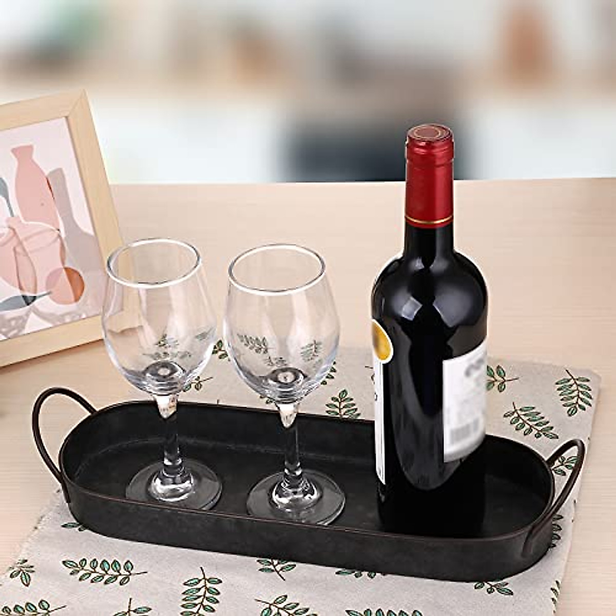 Hipiwe Industrial Style Metal Iron Tray Galvanized Serving Tray for Coffee Table, Home Decorative Centerpiece Tray Rustic Breakfast Serving Tray with Handles (Oval)