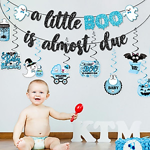 Halloween Ghost Baby Shower Party Decorations, A Little Boo is Almost Due Blue Baby Decor for Boy and Girl, Spooky Birthday Decorations Boo Banner
