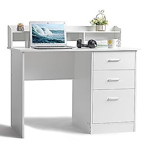 Karl home White Computer Desk with Drawers ＆ Hutch, Modern Home Office Desks with Storage for Kids Students Teens, Small Wood Table for Work Study Gaming Writing, PC Laptop Workstation