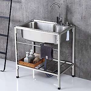 Freestanding Stainless Steel Sink,Outdoor Sink Commercial Restaurant Sink,Single Bowl Sink,Industrial Sink for Restaurant, Cafe, Bar, Hotel, Garage, Laundry Room,L26.7"x H33.46"xW17.3"