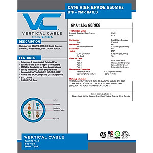 Vertical Cable Cat6, 550 MHz, UTP, 23AWG, Solid Bare Copper,1000ft, Bulk Ethernet Cable - 161 Series, Green