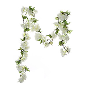UUPP 2Pcs Artificial Cherry Blossom Flower Garland Silk Fake Hanging Flower Vines for Home Wedding Decoration 7.2FT, White