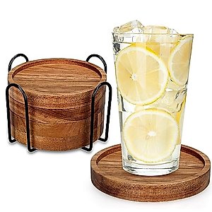 4 Pcs Best Wooden Coasters with Holder Cute Coasters Acacia Wood Drink Coaster Set Round Cool Beer Coaster Decor Beverage Cup Coasters Modern Bar Coasters Gift Best Coffee Table Coasters