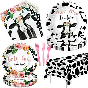 APOWBLS Moo Moo Im Two Birthday Decorations Tableware Girl - Cow 2nd Birthday Party Supplies, Plate, Napkin, Tablecloth, Fork, Holy Cow Two Year Old Birthday Party Decorations Dinnerware | Serve 24