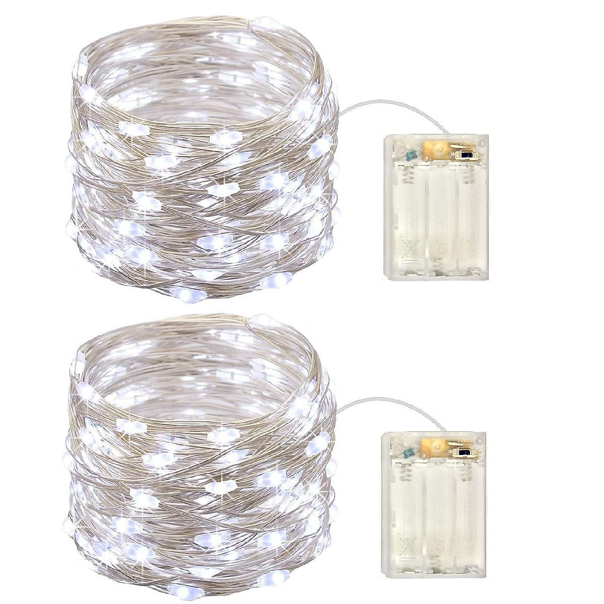 2 Pack Battery Operated Mini Lights,Indoor Led Fairy Lights with Timer 6 on/18 Hours off for Wedding Party Decorations,50 Count Leds,17 Feet Silver Wire(Cold White)