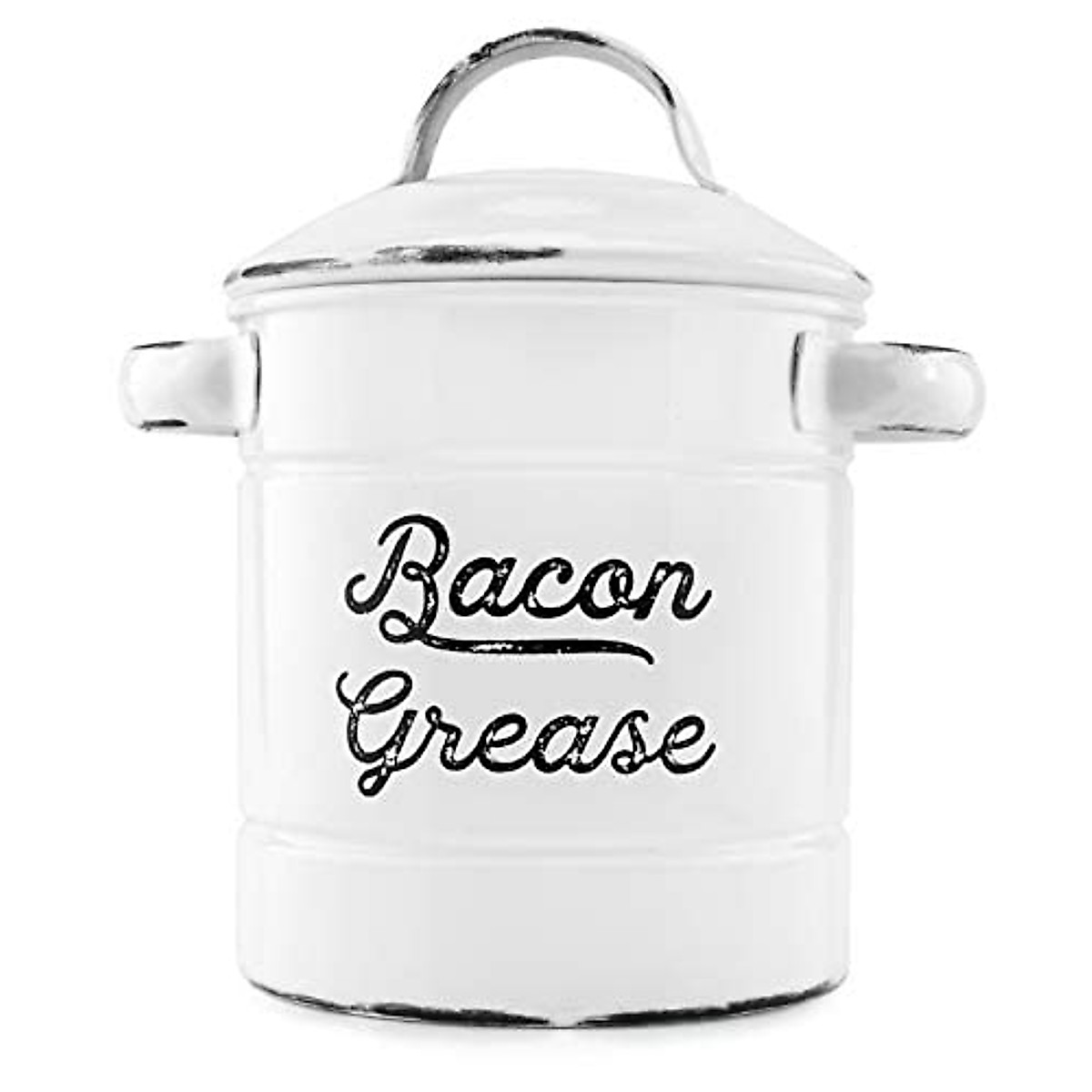 AuldHome Grease Container, White Enamelware Bacon Grease Can with Strainer, Farmhouse Style, Keto-Friendly