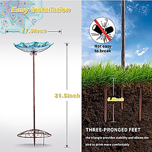 OUISJYER Bird Baths for Outdoors, Peacock Feather Glass Birdbath & Birdfeeder with Metal Pedestal Stake Garden Yard Lawn Decor (31.5" H * 11.5" W)