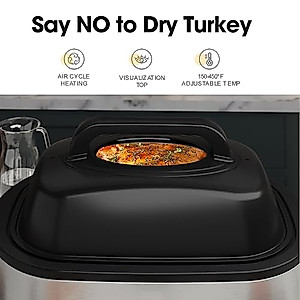 HEYNEMO Turkey Roaster Electric, 24 Quart Oven with Self-Basting Lid, Removable Pan and Rack, Adjustable Temperature Control Powerful 1450W Stainless Steel Oven, Silver