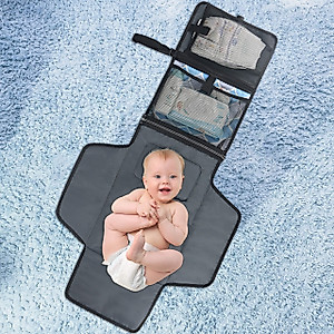 Portable Diaper Changing Pad Thick Soft Cushion Pillow - Travel Baby Mat Diaper Clutch Bag Detachable Wipes Pockets Baby Gift, Trellis Blue Grey Black