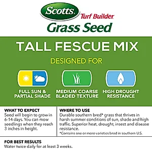 Scotts Turf Builder Grass Seed Tall Fescue Mix Grows Deep Roots for a Durable, Livable Lawn Resistant to Heat, Drought, 3lb.