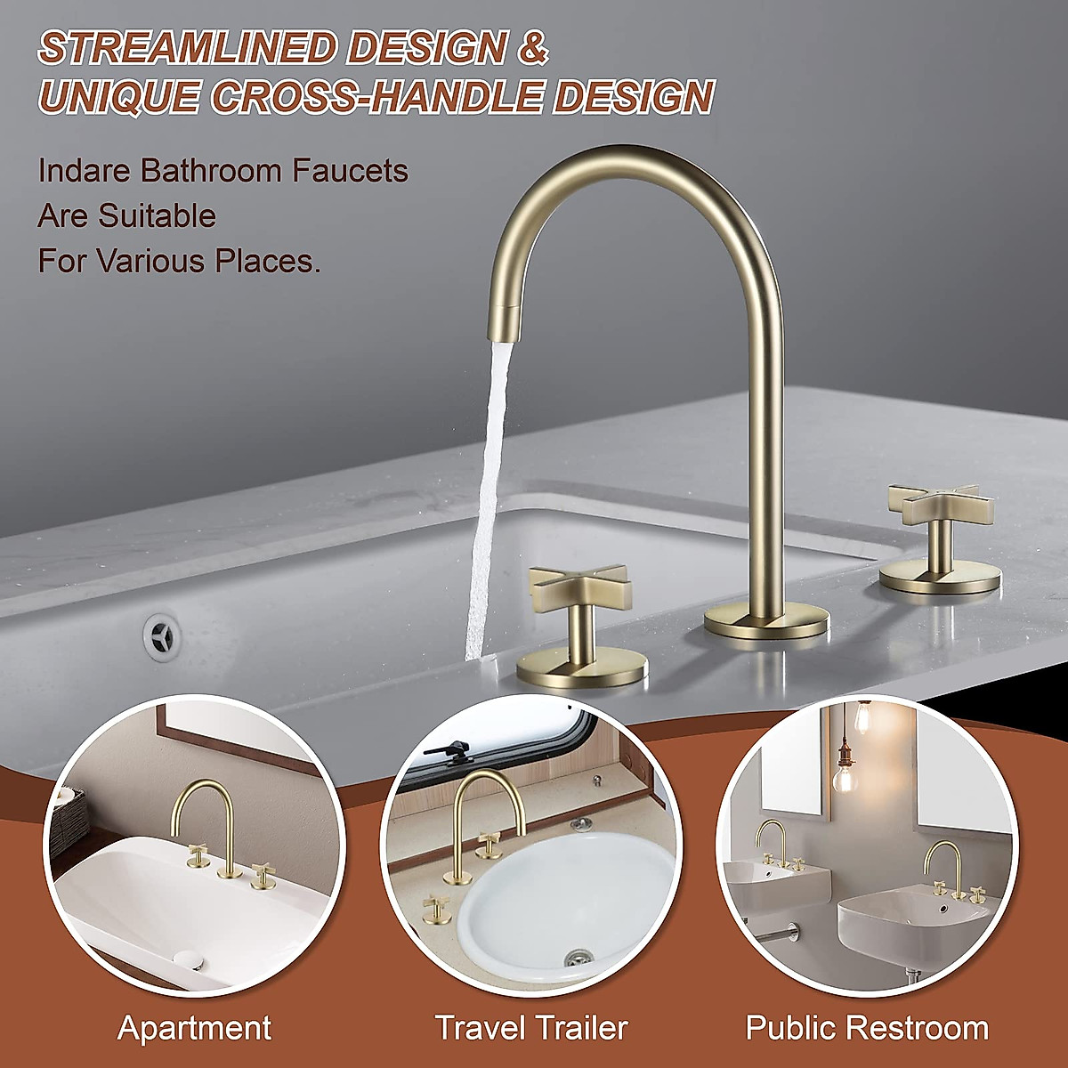 Indare Bathroom Faucet, Two Handles 360° Swivel Spout Widespread 4Inch 8Inch Brass Bathroom Sink Faucet 3 Hole with Pop-Up Drain and Water Supply Lines, Upgraded Style，Advanced Gray