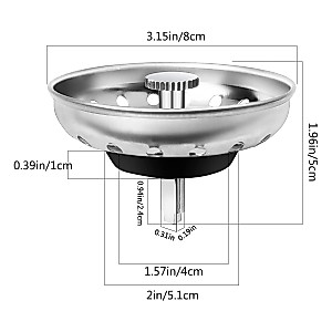 2 Pcs Stainless Steel Kitchen Sink Basket Strainer, Stopper Combo Basket Replacement for Standard Rubber Stopper Bottom with Rubber Stopper Fits Standard 3 1/2” Drains