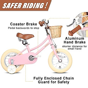 Petimini 12 Inch Kids Bike for Age 2 3 4 Years Old Little Girls Toddlers Retro Vintage Style Bicycles with Basket Training Wheels and Bell, Pink