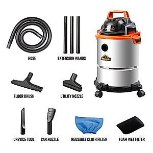 Armor All VO408S 0901 4 Gallon Wet/Dry Vac 3.0 Peak HP Shop Vacuum with 3 Nozzles and 1 Brush, Stainless Steel Tank, Orange