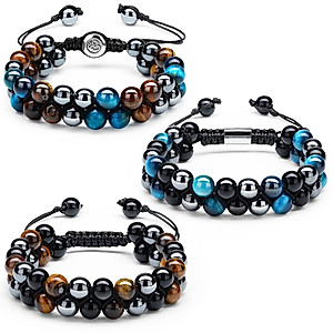 Nosiny 3 Pcs Bracelet Lava Rock Bead Bracelets 8 mm Tiger Eye Bracelet Men Hematite Obsidian Bracelet Adjustable Bracelet Gift for Men Women