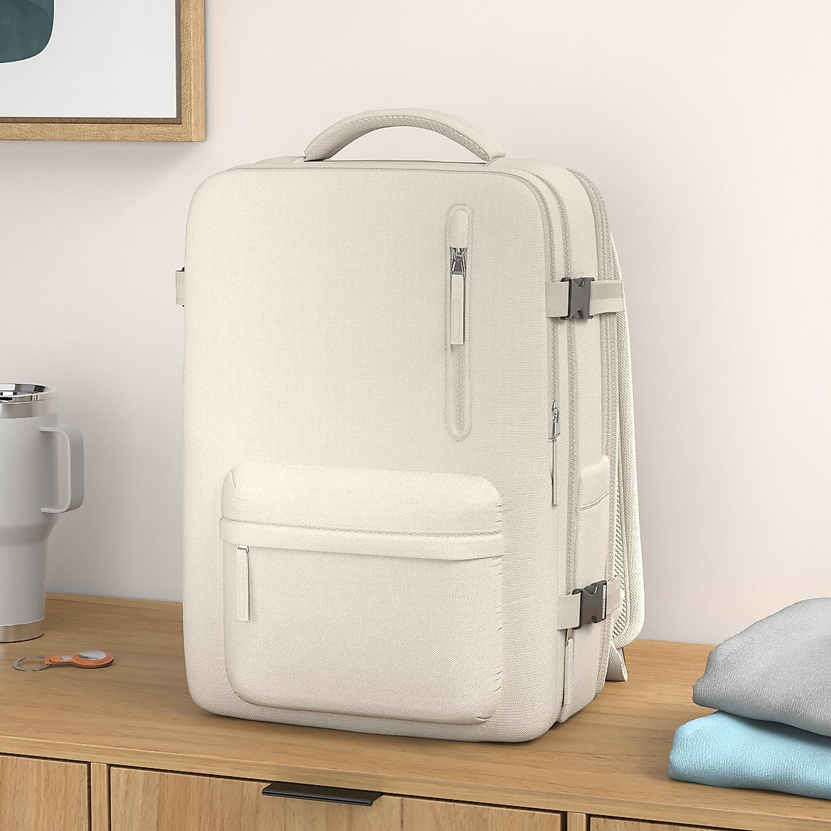 Large Travel Laptop Backpack, Expandable Flight Approved Backpack, Carry on Backpack for Women, Waterproof 17inch Laptop Hiking Backpack with Shoe Compartment, Beige