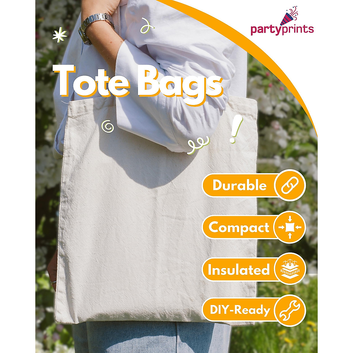 PartyPrints 5 Pack 15x16 Large Premium Cotton Canvas Tote Bag, Reusable Blank Plain Bulk Sublimation Natural Beige Cloth Bags with Handles for Gift, Beach, School, Work, DIY, Craft, Shopping, Painting