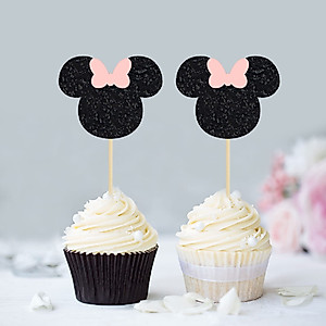 Gyufise Mouse Inspired Cupcake Toppers with Bow Black and Pink Glitter Mouse Cupcake Picks Baby Shower Wedding Kids Birthday Party Cake Decorations Supplies 36 Pack