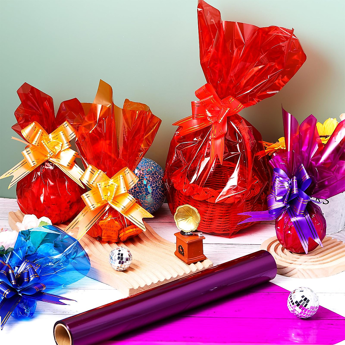 Tenceur 49 Pcs Easter Colored Transparent Cellophane Wrap Set 4 Rolls 15.8" x 98.4ft Cellophane Wrap Roll 40 Colorful Pull Bows 4 Roll 33ft Ribbon Cutter for Easter Gift Baskets DIY(Fresh Color)