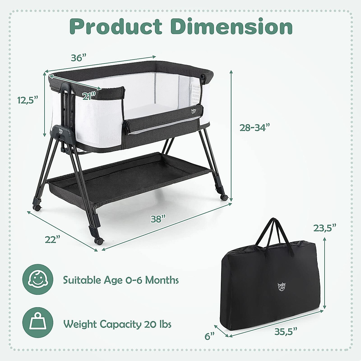 BABY JOY Bassinet Bedside Sleeper, Easy Folding Baby Crib w/All-Side Mesh, Storage Shelf, 7 Adjustable Heights, Mattress & Travel Bag for Safe Co-Sleeping, Portable Baby Bed for Newborn Infant -Gray