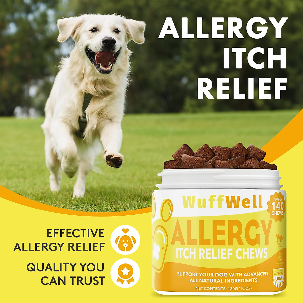 WuffWell Allergy Chews for Dogs - Dog Allergy Relief & Itch Medicine - Allergy Supplements for Dogs Itching/Licking - Aller Immune Bites - Pet Allergy Chews - Allergy & Immune Chews