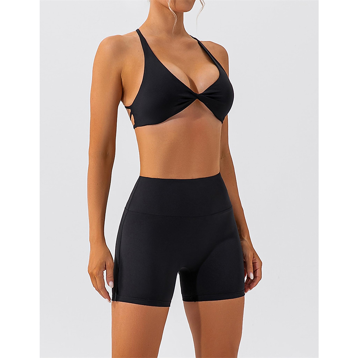 ABOCIW Workout Sets for Women Sexy Twist Front Cross Cross Back Sports Bra High Waist Biker Shorts 2 Piece Gym Yoga Outfits W-Black Medium