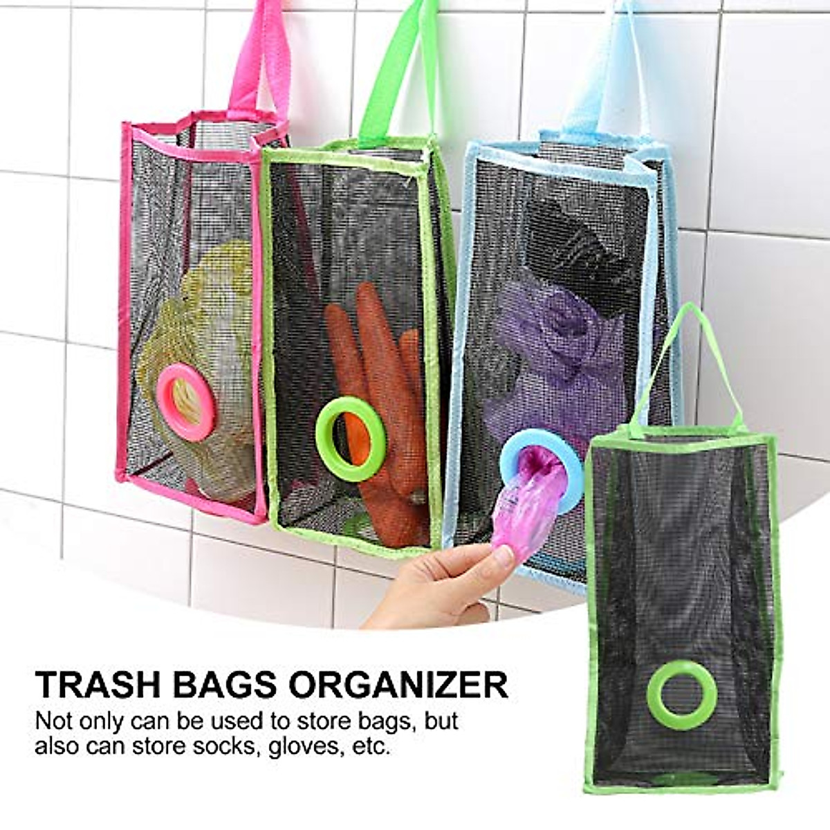 BESTonZON 2 Packs Plastic Bag Holder, Hanging Folding Mesh Garbage Bag Organizer Trash Bags Holder Recycling Containers Storage, Grocery Bag Holder Trash Bags Holder Organizer for Kitchen (Rosy)