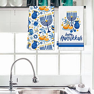 AnyDesign Happy Hanukkah Kitchen Towel 18 x 28 Inch Blue Watercolor Candlestick Dish Towel Jewish Festival Tea Towel Hand Drying Towel for Home Kitchen Cooking Baking, 2 Packs