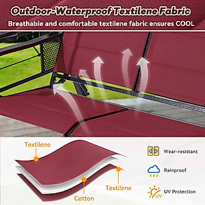 Yalissey 3 Seat Outdoor Swing with Canopy, Patio Swing Chair with Textilene Backrest & 2 Cup Holders for Backyard, Porch, Garden (Wine Red)