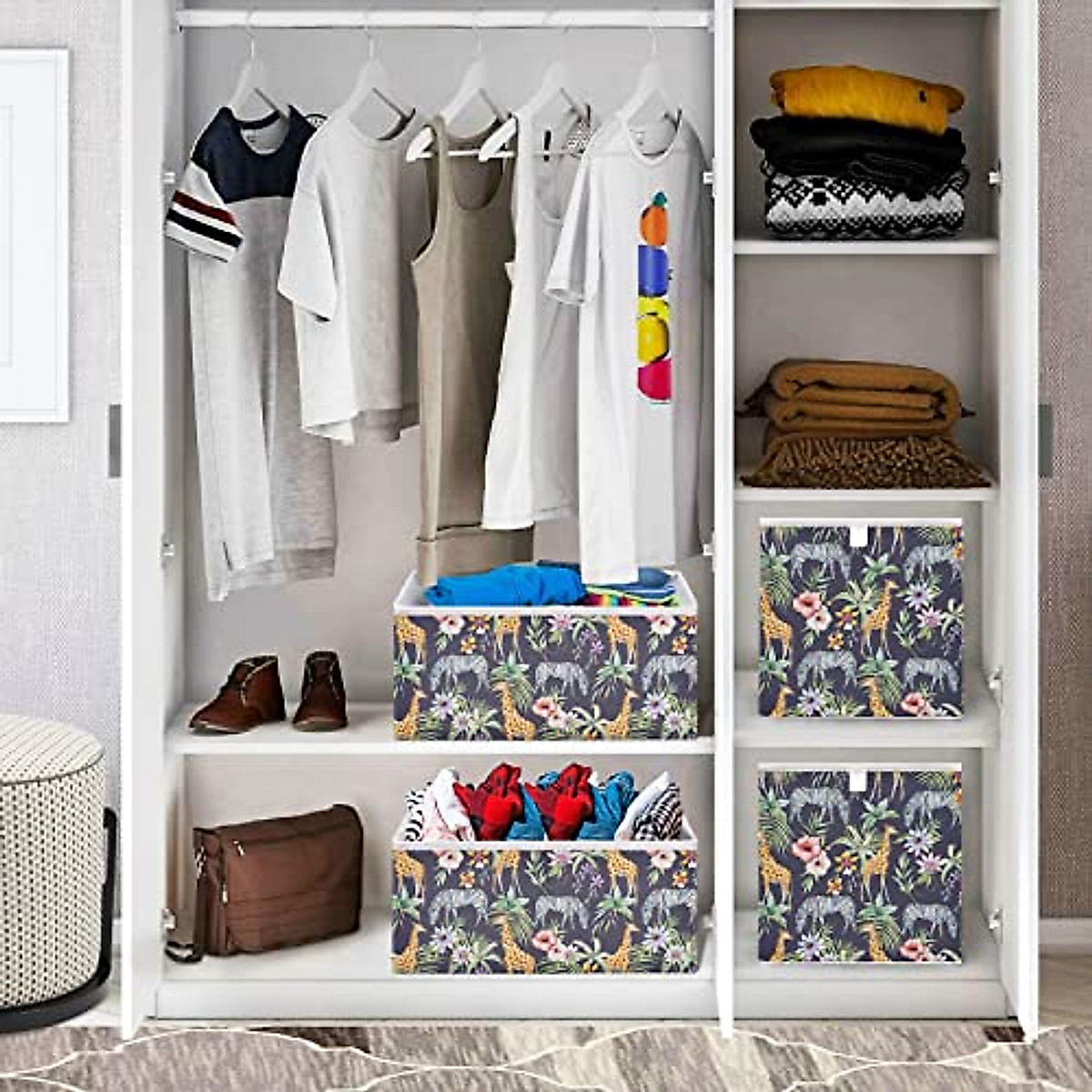 Emelivor Tropical Giraffe Zebra Cube Storage Bin Collapsible Storage Bins Waterproof Toy Basket for Cube Organizer Bins for Nursery Kids Closet Shelf Playroom Office Book - 11.02x11.02x11.02 IN