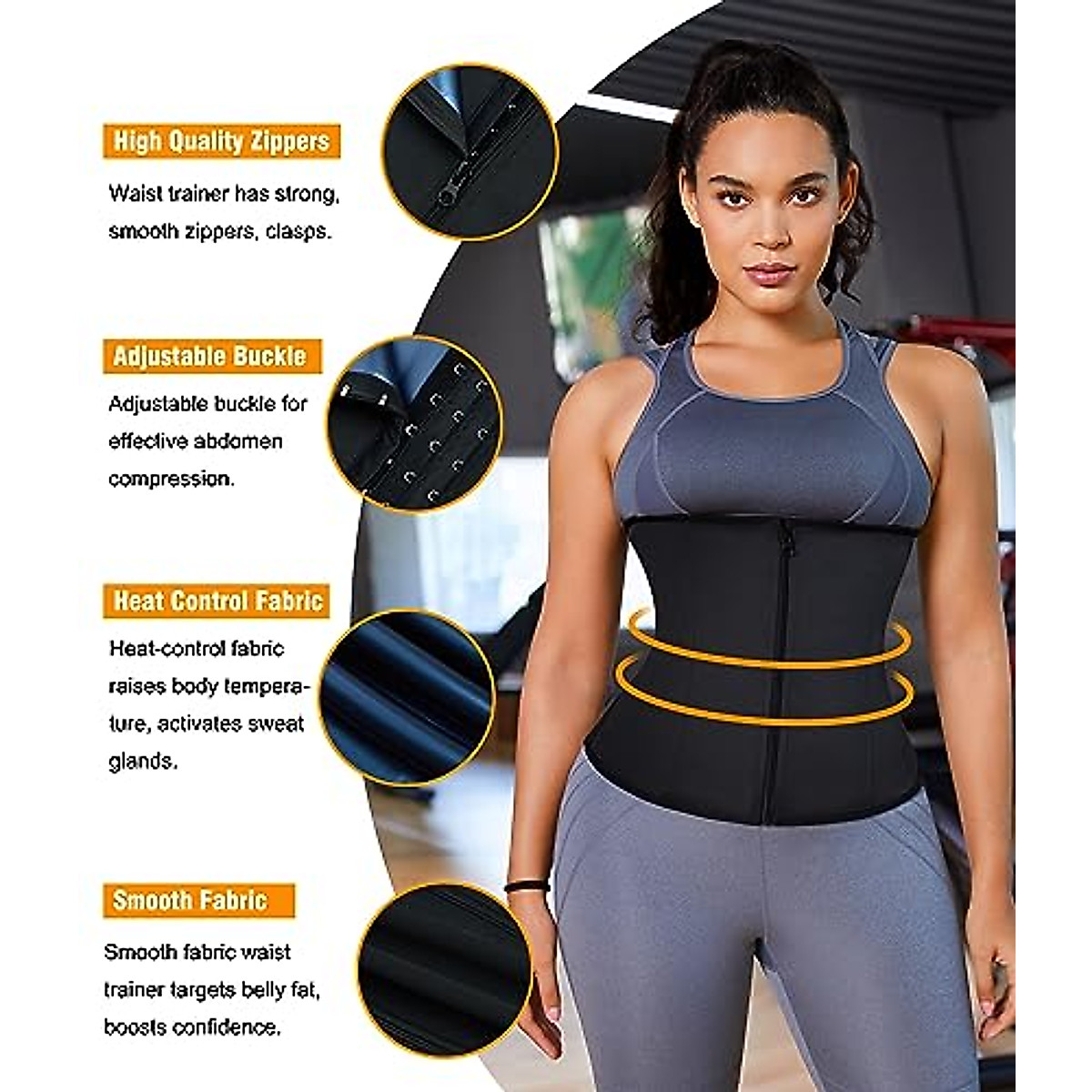 LEINIDINA Womens Waist Trainer Corset with Zipper Sweat Waist Trimmer for Women Workout Belt Corset Shapewear Black