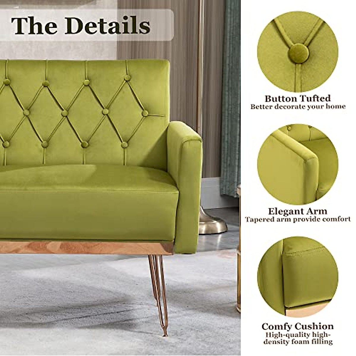 Olela Accent Chair Set of 2,Velvet Armchair Single Sofa Modern Tufted Upholstered Side Reading Chairs with Arm and Gold Metal Leg for Living Room Bedroom Club Nursery Office Decorate(2, Olive Green)
