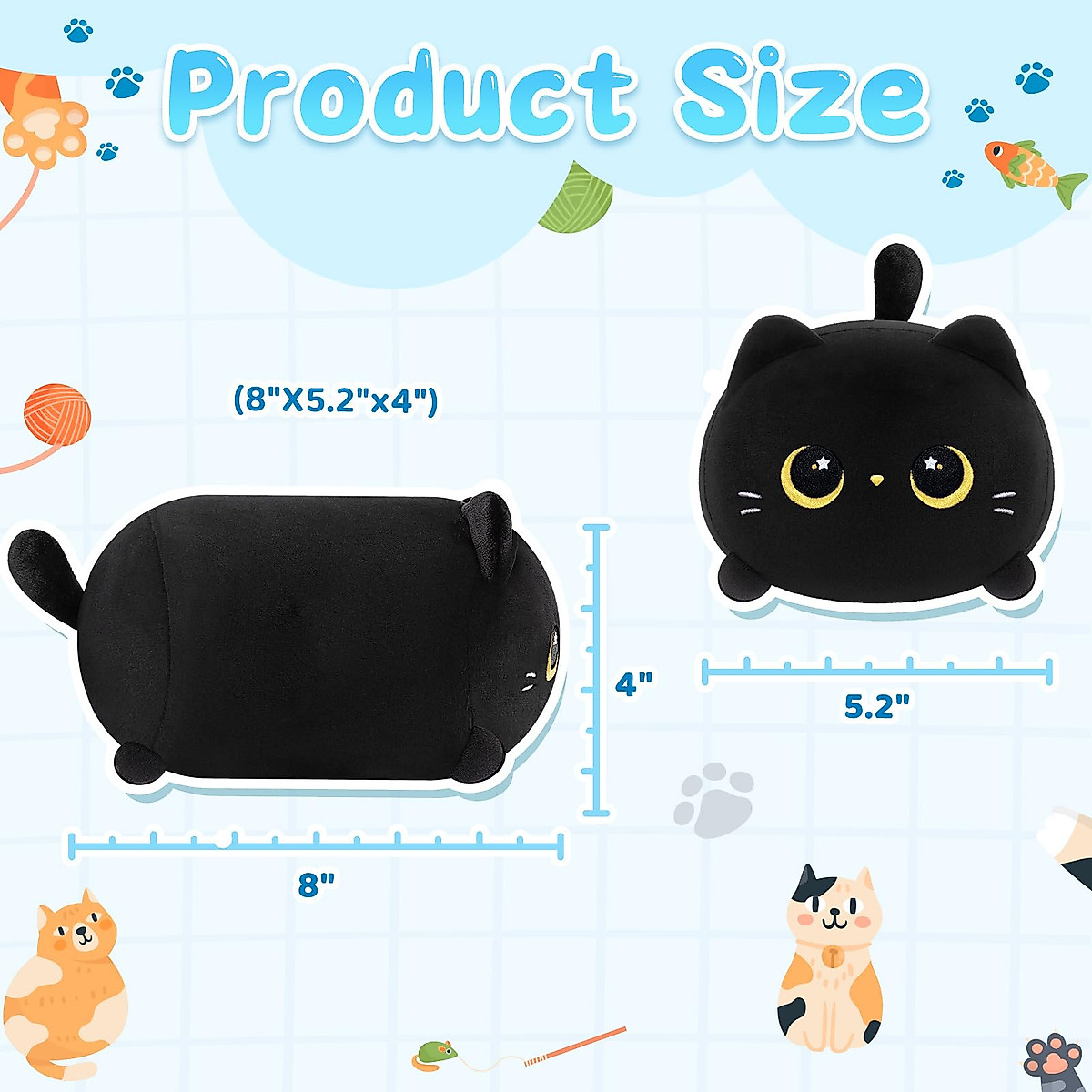 Mewaii Black Cat Plush, Cute Cat Plushies Toy, Soft Kitten Plushie Cuddle Pillow, Anime Plushie Doll, Cute Stuff Toys Gift for Girls, Boys and Males (8 Inch)