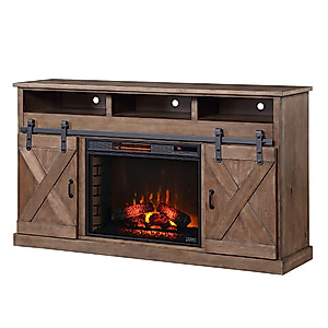 Bridgevine Home Rustic Farmhouse Fireplace TV Stand, 66 Inches, Accommodates TVs up to 80 inches, Fully Assembled, Knotty Alder Solid Wood, Barnwood Finish