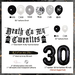 Death to My Twenties 30th Birthday Decorations Black - Rip to My 20s Birthday Sash, Gothic Letter Banner, Balloons, Funeral for My Youth 30th Birthday Decorations Funny