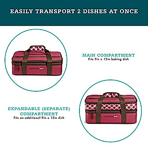 Rachael Ray Expandable Insulated Casserole Carrier for Hot or Cold Food, Thermal Lasanga Lugger Tote for Pockluck, Parties, Picnic, and Cookouts, Fits 9" x 13" Baking Dish, Burgundy