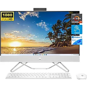 HP 27" Touchscreen All-in-One Desktop, AMD Ryzen 7 5700U(Beats i7-1265U), FHD IPS Display, 64GB RAM, 2TB SSD, 1080P Webcam, Wireless Keyboard & Mouse Combo, WiFi, Windows 11 Home, Bundle with JAWFOAL