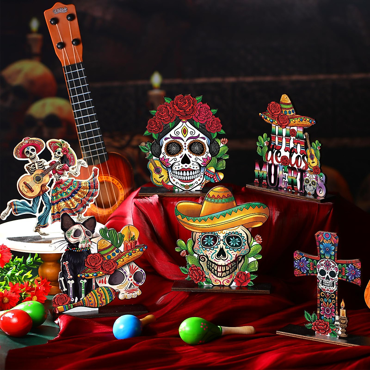 Amyhill 6 Pcs Day of the Dead Wooden Centerpiece Dancing Couple Sugar Skull Wooden Sign Dia De Muertos Table Decoration Day of the Dead Decor Catrinas Mexican Decor for Fiesta Carnival Halloween Party