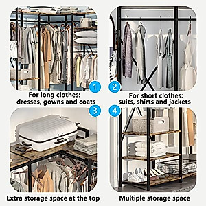 PAKASEPT L Shaped Garment Rack, L Shaped Closet Organizer, Freestanding Corner Clothes Garment Rack with 4 Hanging Rods and Open Shelves Heavy Duty Metal Clothing Rack for Bedroom