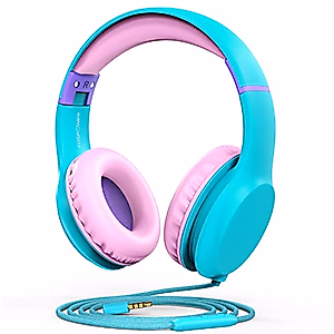 FosPower Kids Headphones (Safe Volume Limit 85 dB), Childrens Headphones Over The Ear with Built-in Mic, 3.5mm Tangle-Free Cable for Boys/Girls/School - Mint/Pink