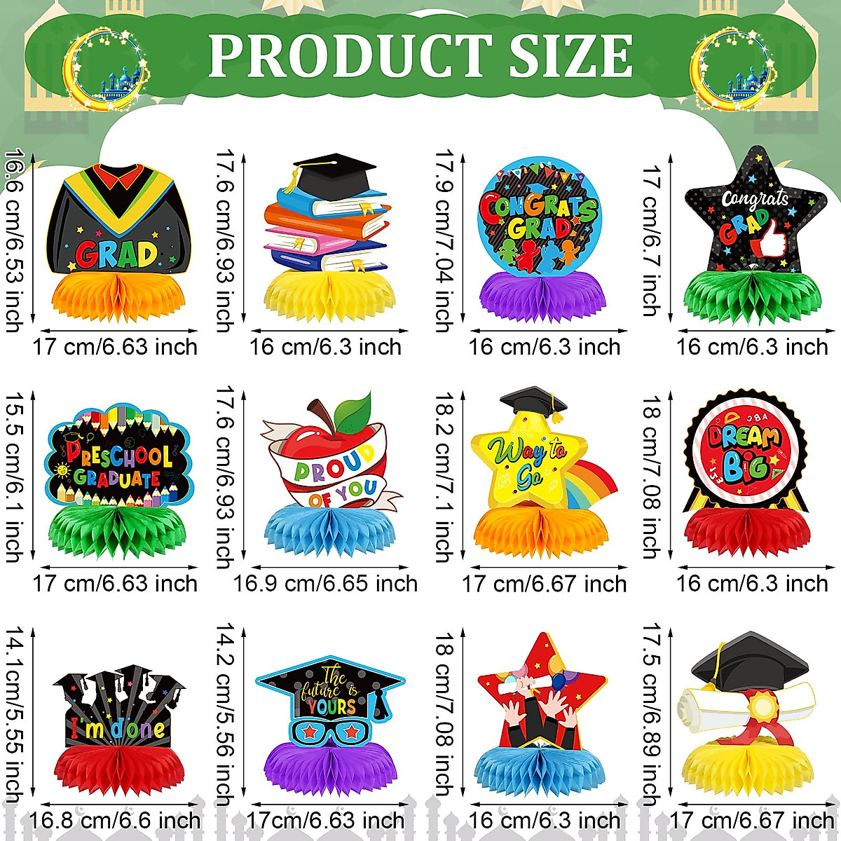 Outus 12 Pcs Preschool Graduation Party Decorations 2024 Kindergarten Graduate Party Honeycomb Centerpieces Congrats Grad Table Toppers for Class of 2024 Elementary Celebration Graduation Party