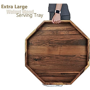 MAGIGO 26 Inches Extra Large Octagonal Black Walnut Wood Ottoman Tray with Handles, Serve Tea, Coffee Classic Wooden Decorative Serving Tray